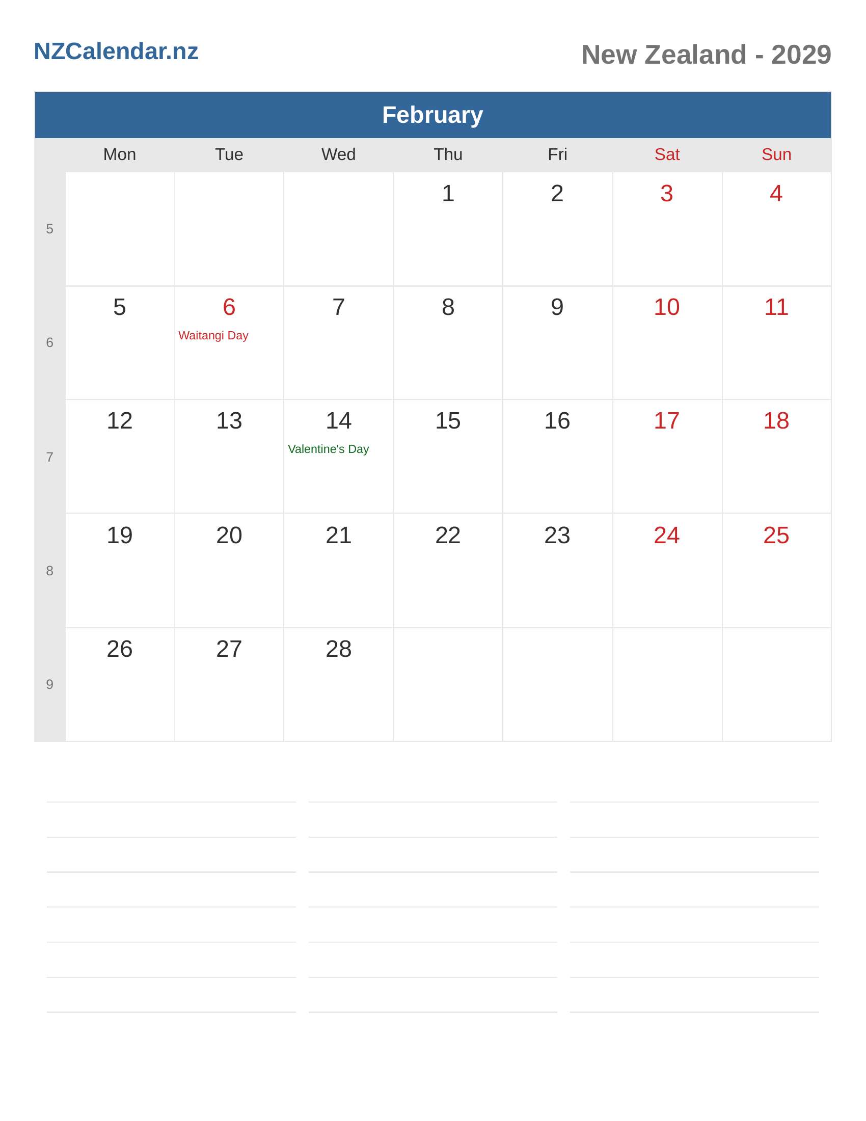 February 2029 Calendar for New Zealand with Public Holidays