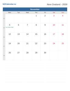 November 2029 Calendar for New Zealand with Public Holidays